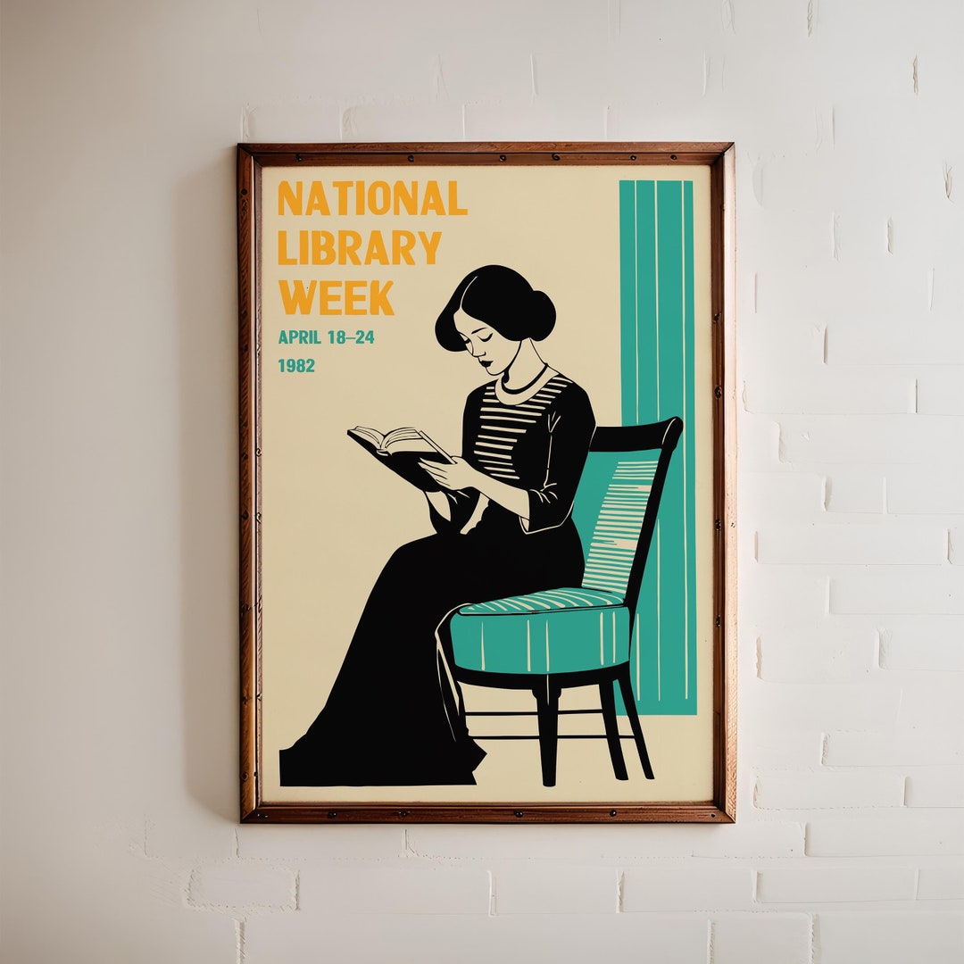 National Library Week Poster - Retro 1982 Reading Woman Illustration ...
