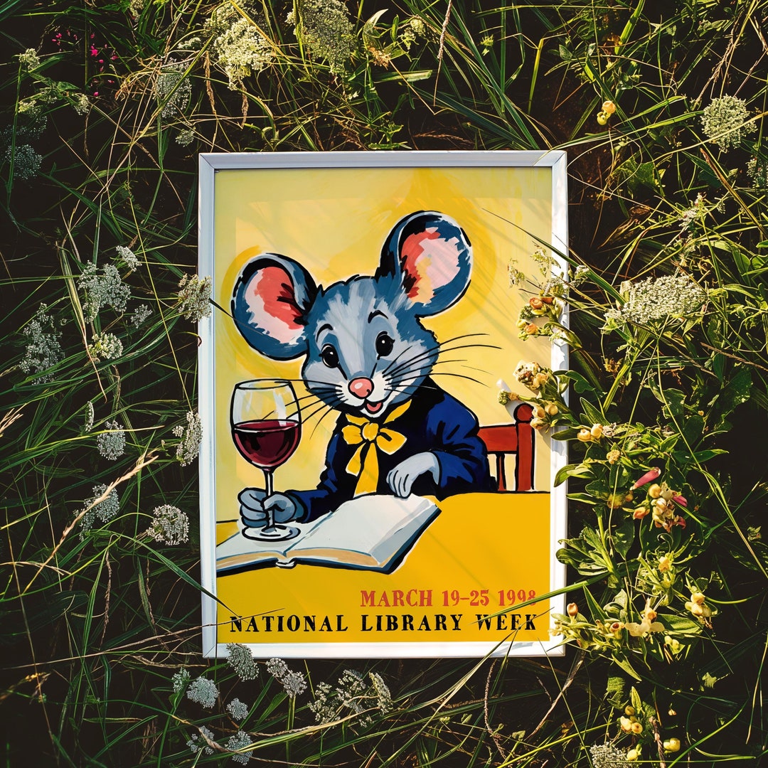 1998 National Library Week Poster: Whimsical Mouse Reading Art Print - Etsy