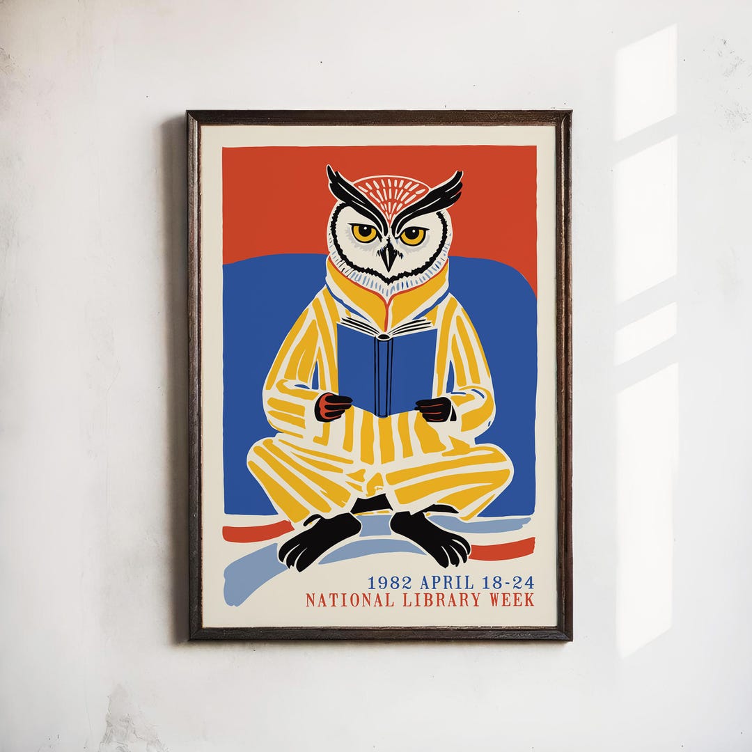 Vintage Owl Library Poster - Reading Pajamas Wall Art Retro 1980s Print ...