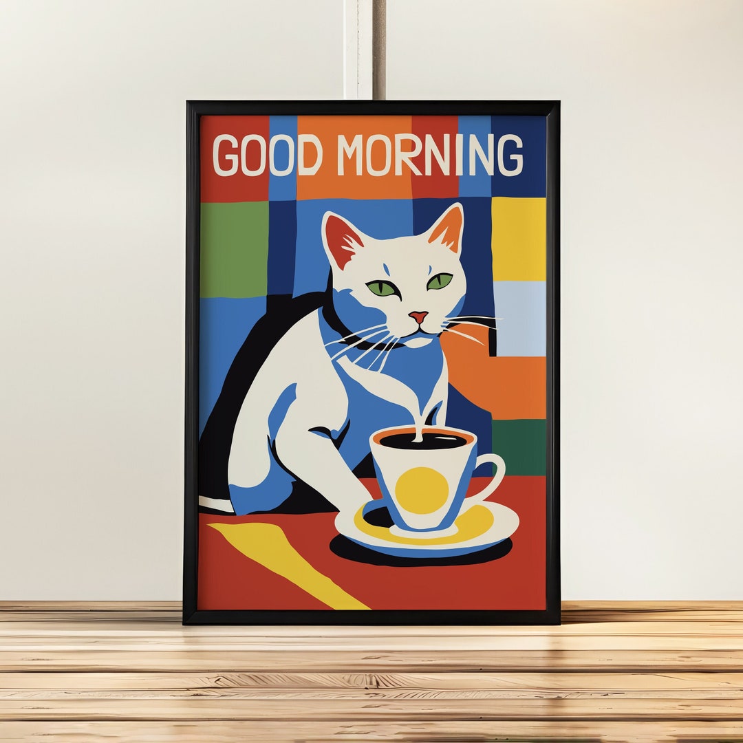 Good Morning Cat and Coffee Art Print - Colorful and Whimsical Wall ...