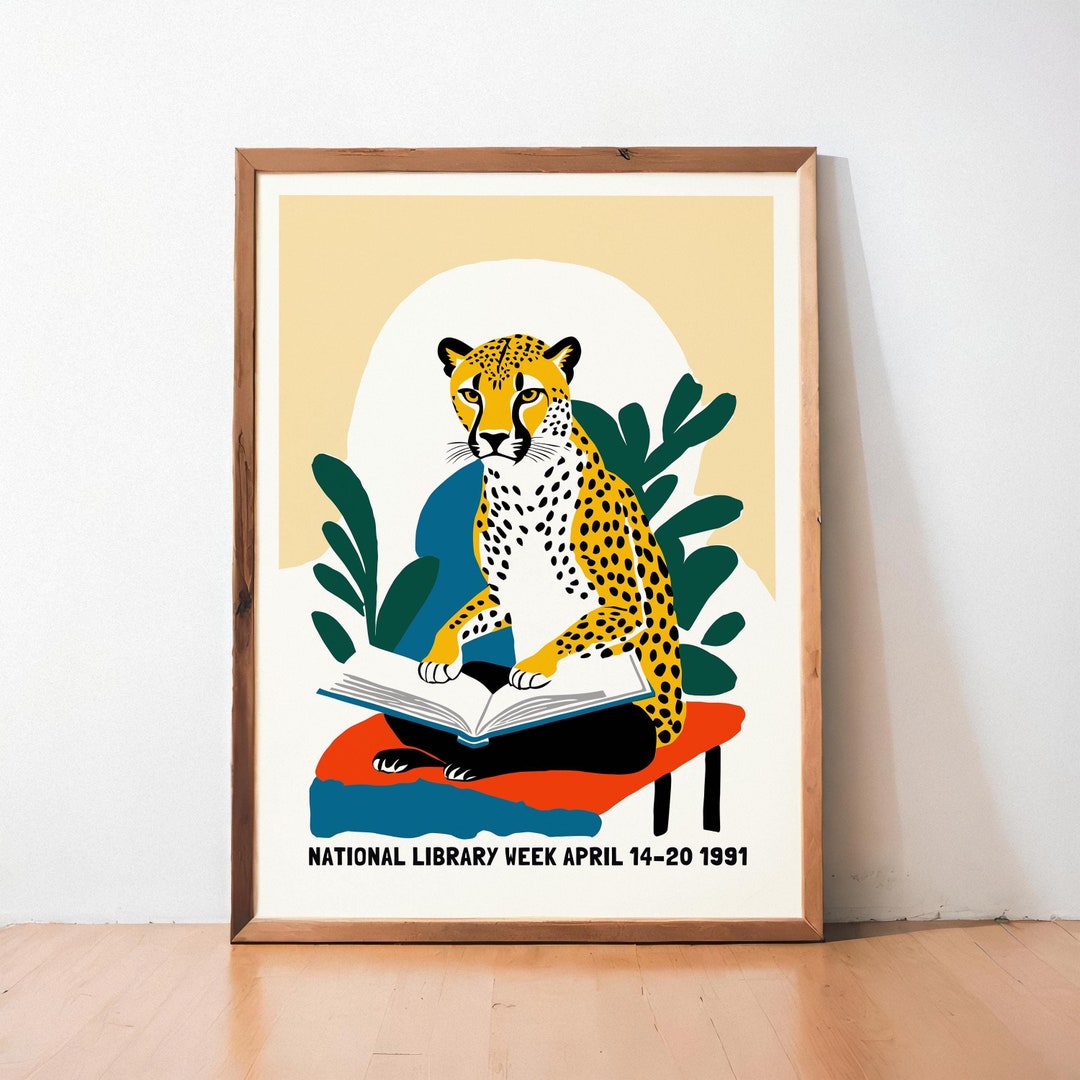 National Library Week Poster 1991 - Retro Reading Cheetah Art Print ...