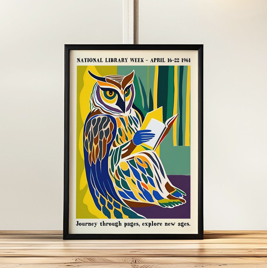 NATIONAL LIBRARY WEEK Poster - Owl Giclee Linocut Art Print Vintage ...