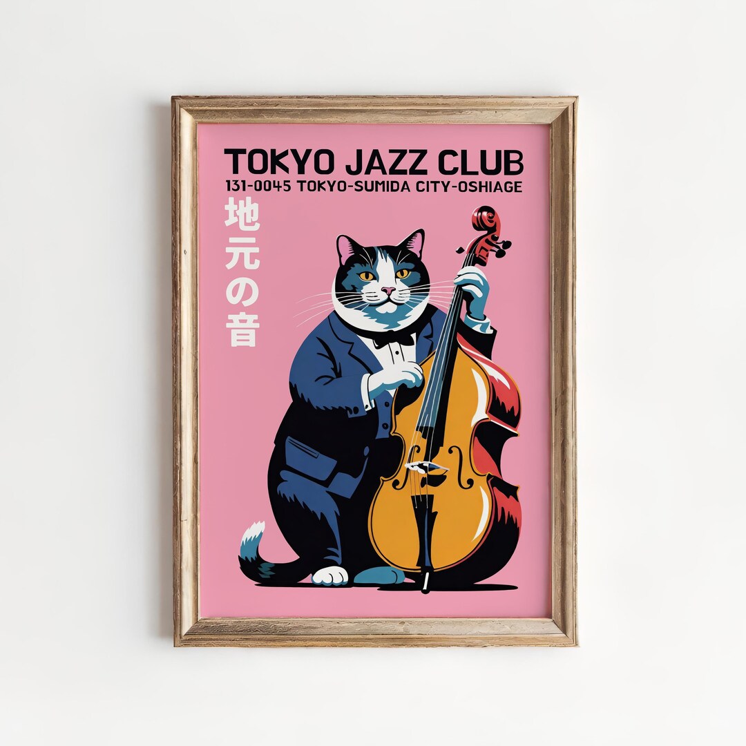 Tokyo Jazz Club Cat Poster Tuxedo Cat Playing Double Bass Japanese Jazz ...