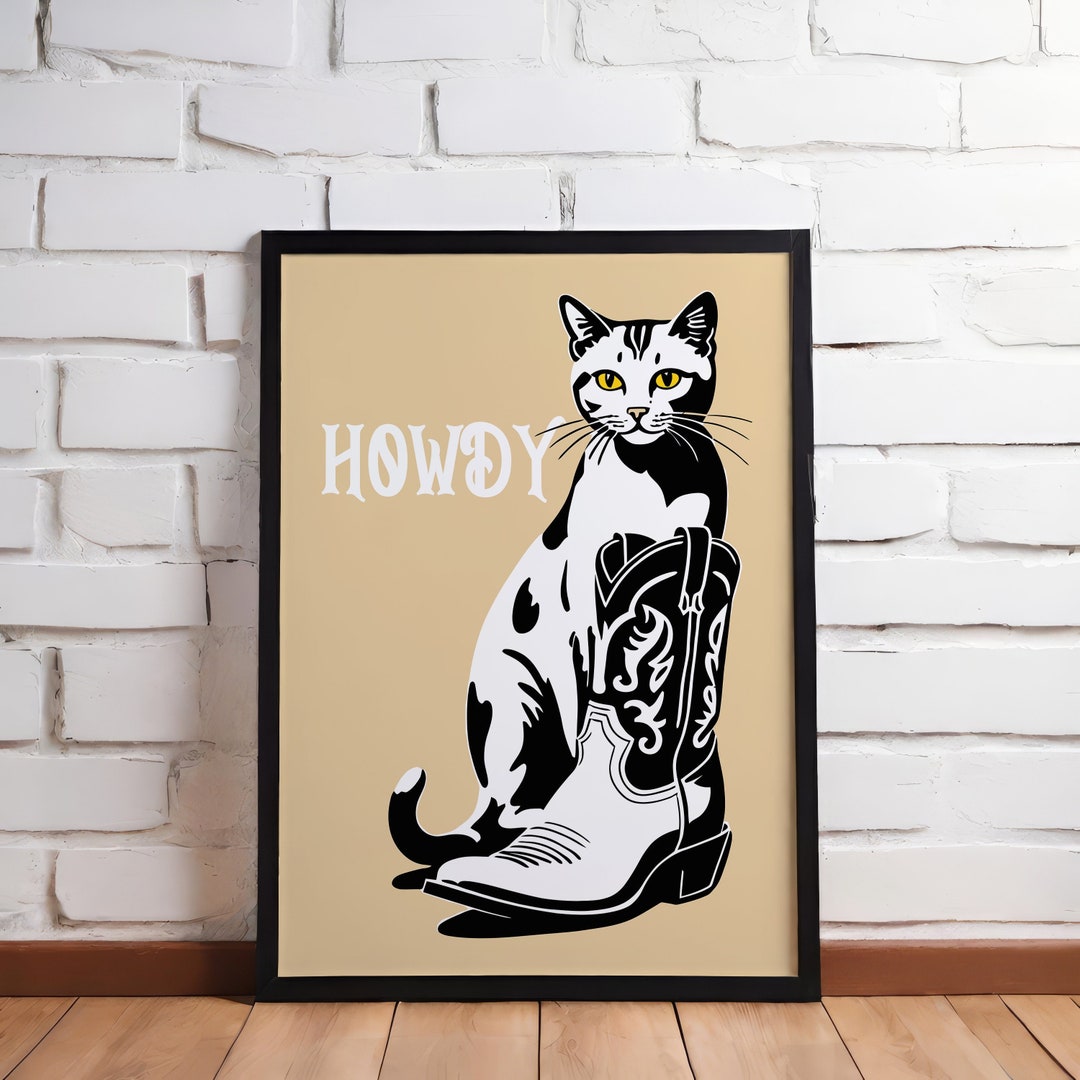 Howdy Cat and Cowboy Boot Wall Art Western Decor, Hand-drawn Style Cat ...