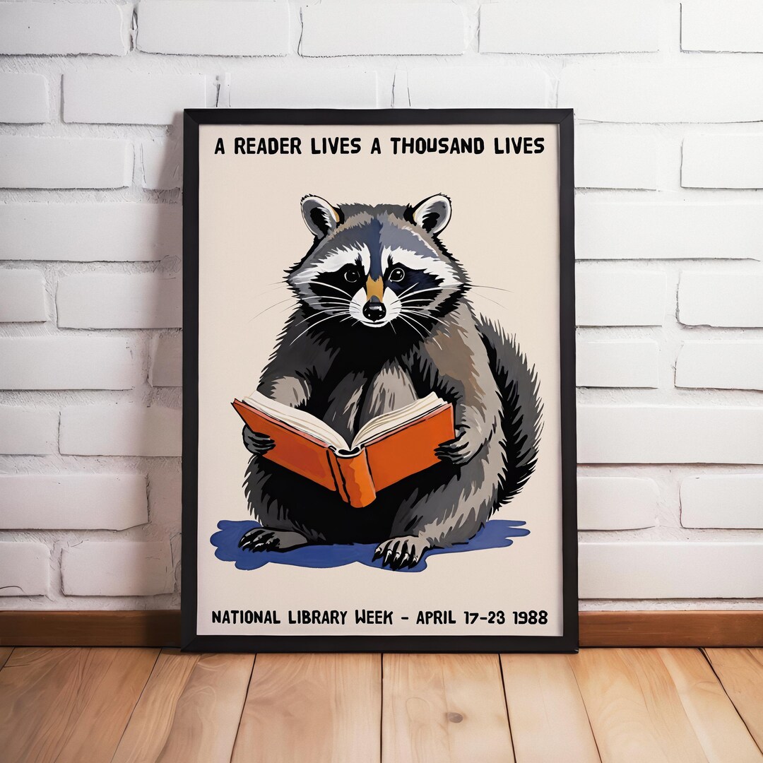 National Library Week Poster, Book-loving Raccoon Illustration, Reading ...