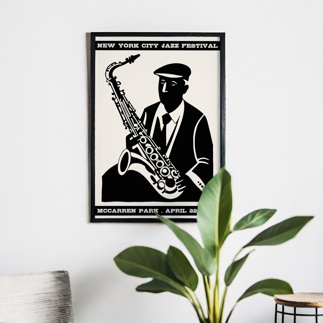 1987 New York City Jazz Festival Poster, Black & White Saxophone Musician Art, Retro Mailed ...