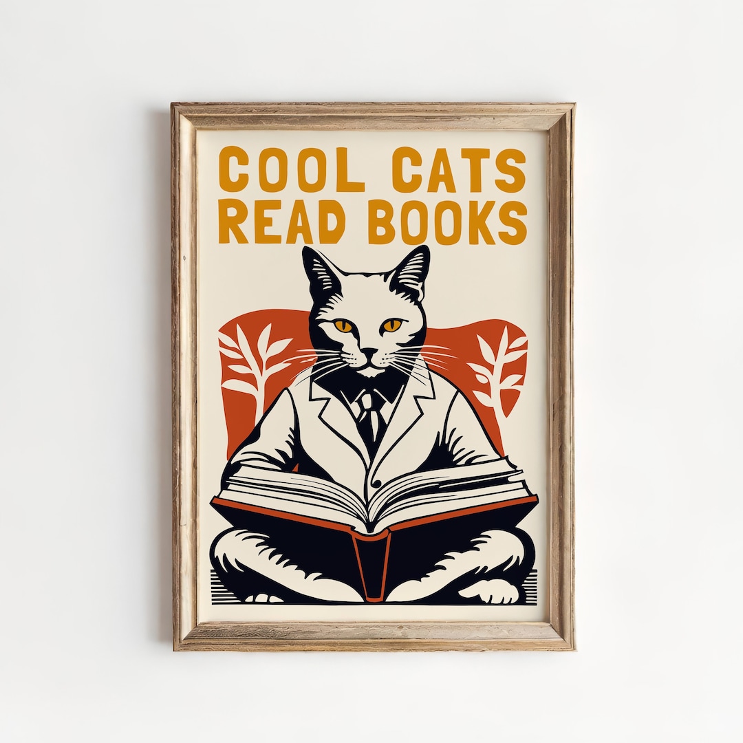 Cool Cats Read Books Poster | Funny Cat Lover Gift | Retro Library Wall ...