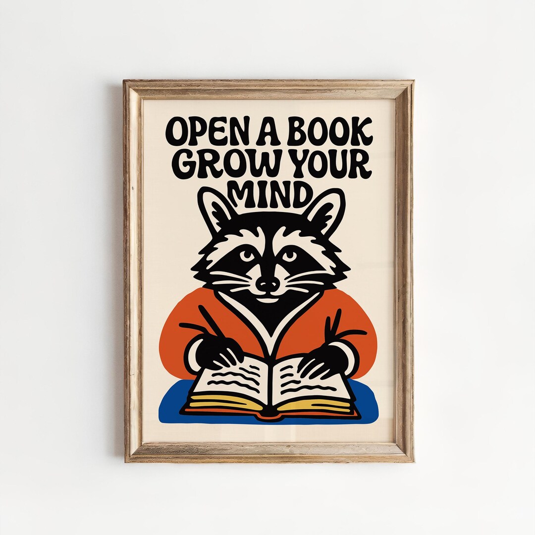 Reading Raccoon Poster - Funny Animal Library Decor Book Lover Gift ...