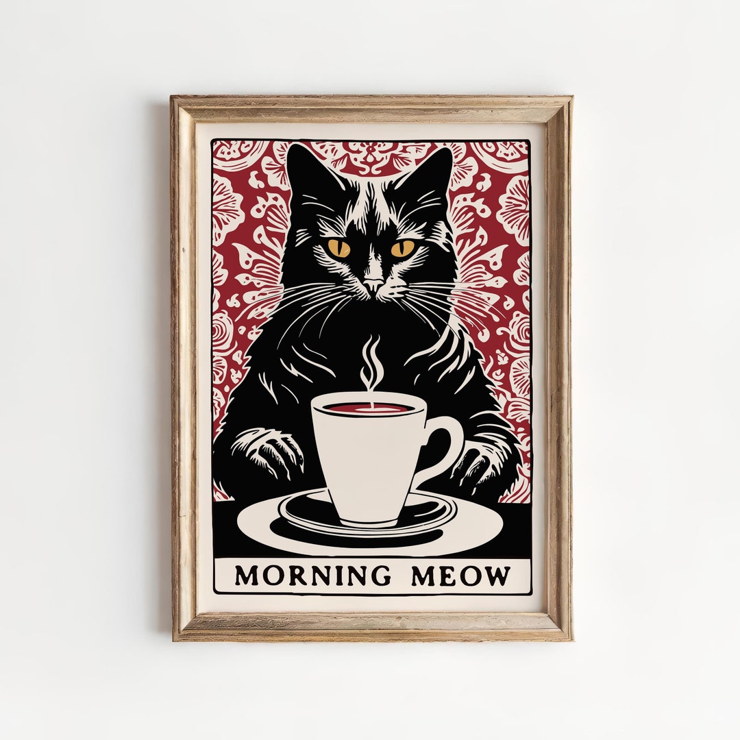 Morning Meow Tarot Poster - Unique Cat Art Print With Coffee Cup ...