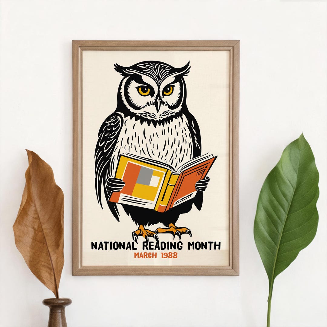 Owl Reading Books Poster - Giclée Fine Art Print - Wise Bird Enjoying ...