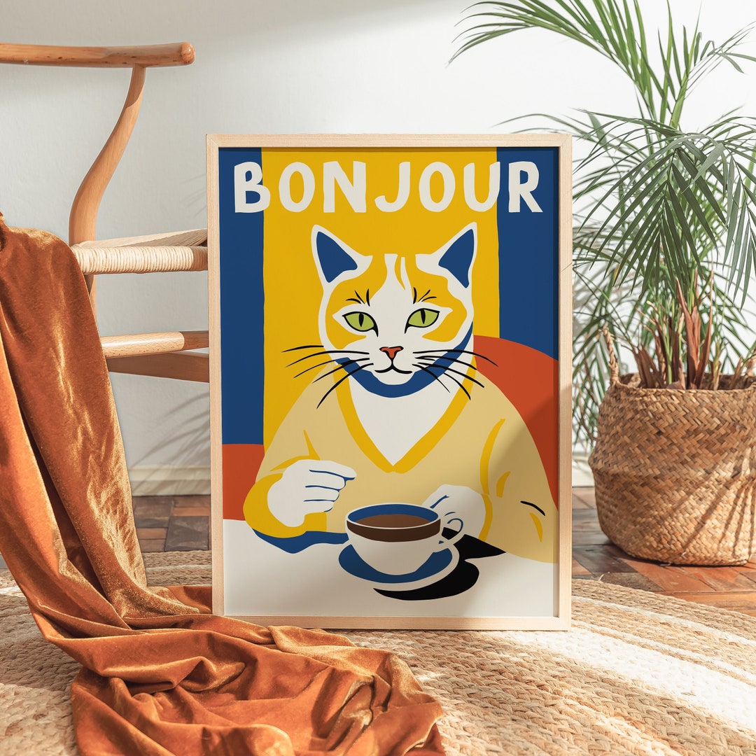 Bonjour Cat Poster Vibrant French-inspired Artwork With Stylish Cat ...