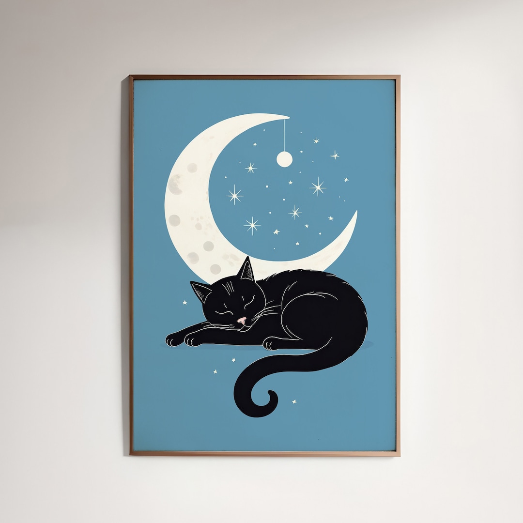 Sleeping Cat Art Print: Dreamy Kitty on Moon, Quirky Wall Decor - Etsy