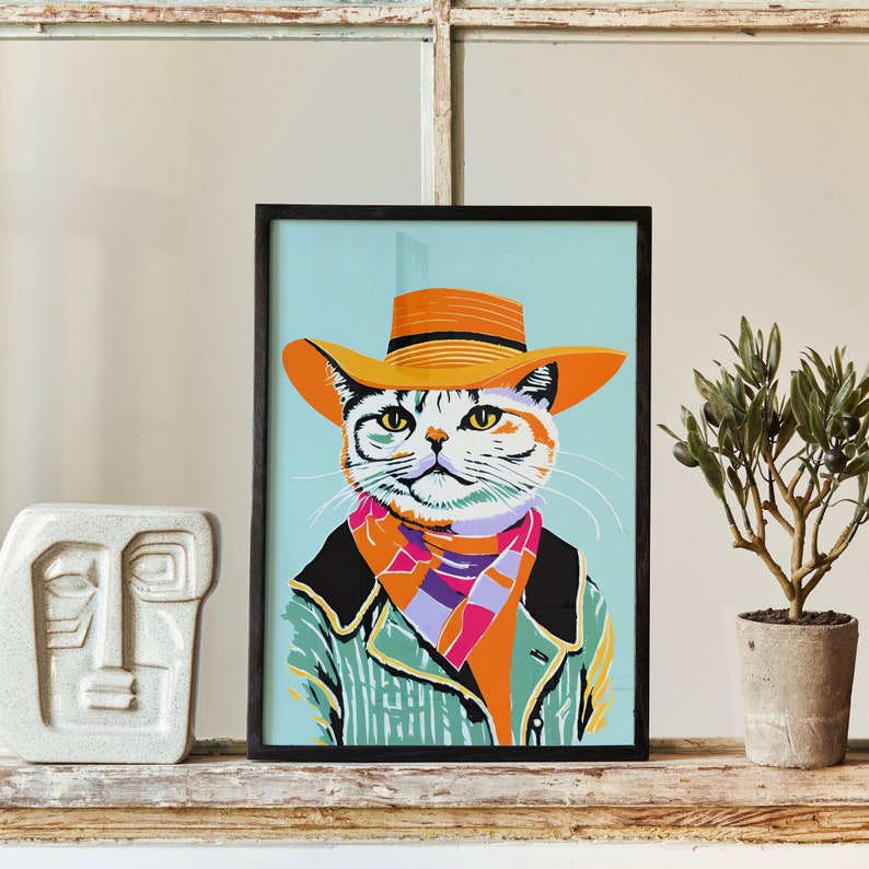 Cowboy Cat Poster Retro Country Music Wall Art Cowboy Girl - Etsy