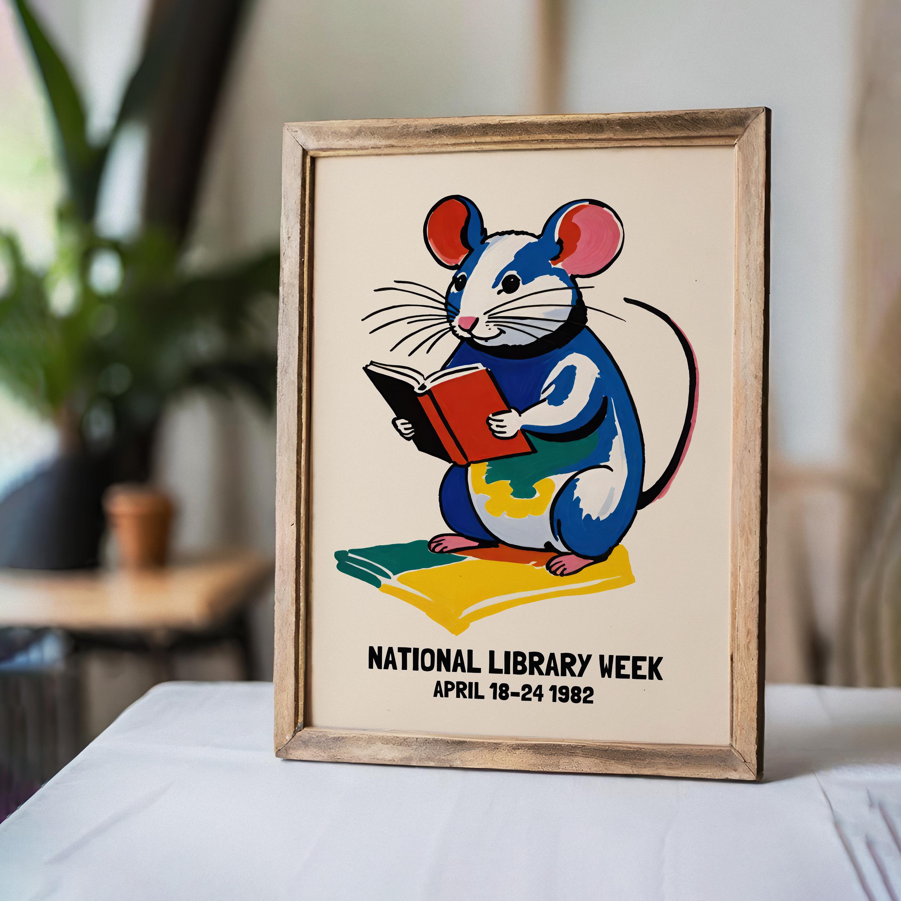 1982 National Library Week Poster: Retro Mouse Reading Art Print - Etsy