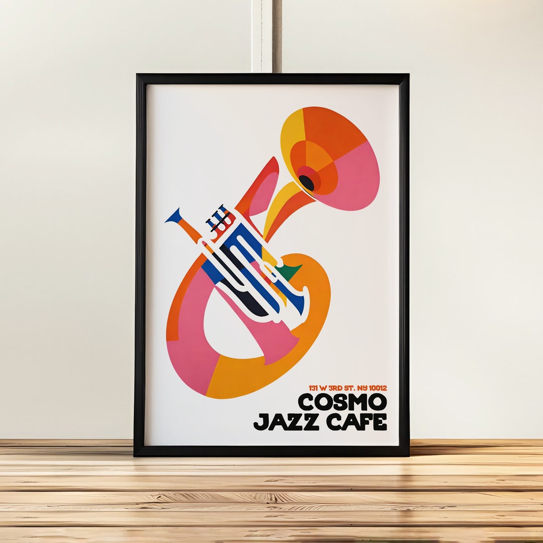 Cosmo Jazz Cafe Poster, Abstract Trumpet Art, Colorful Music Wall Decor ...