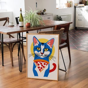 Pop Art Cat Poster With Pizza Slice - Cat Wall Art - Modern Unique Cat ...