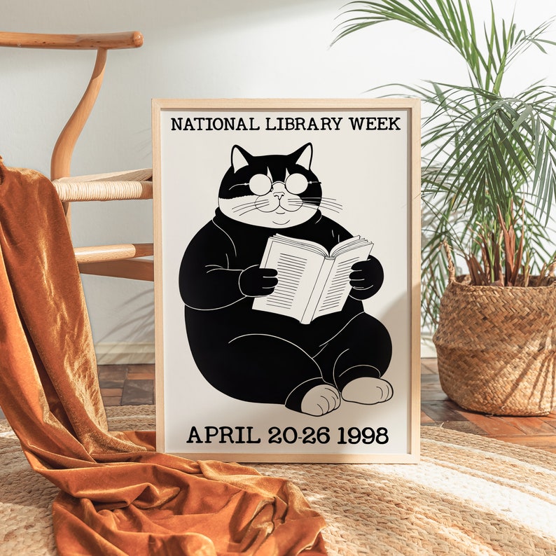 Retro Cat Reading Poster: National Library Week Art Print - Etsy
