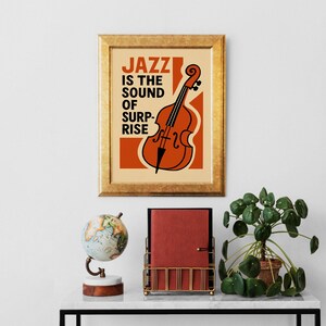 Jazz Wall Art Poster – Retro Double Bass Music Print – Mid Century ...