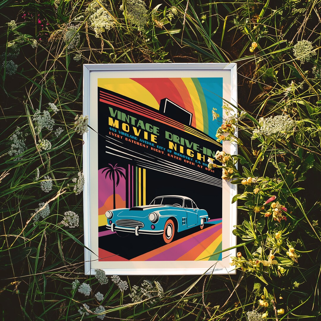 Drive-in Movie Night Poster | Retro 1950s Car Art Print | Mid-century ...