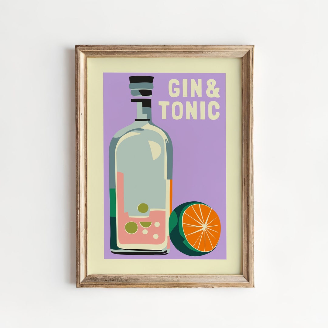 GIN & TONIC Poster - Retro Gin Cocktail Illustration, Barware Artwork, Quirky Wall Art Print ...