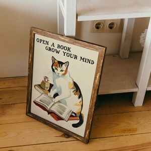 BOOK READING POSTER - Calico Cat - Books Quote Giclee Linocut Art Print ...