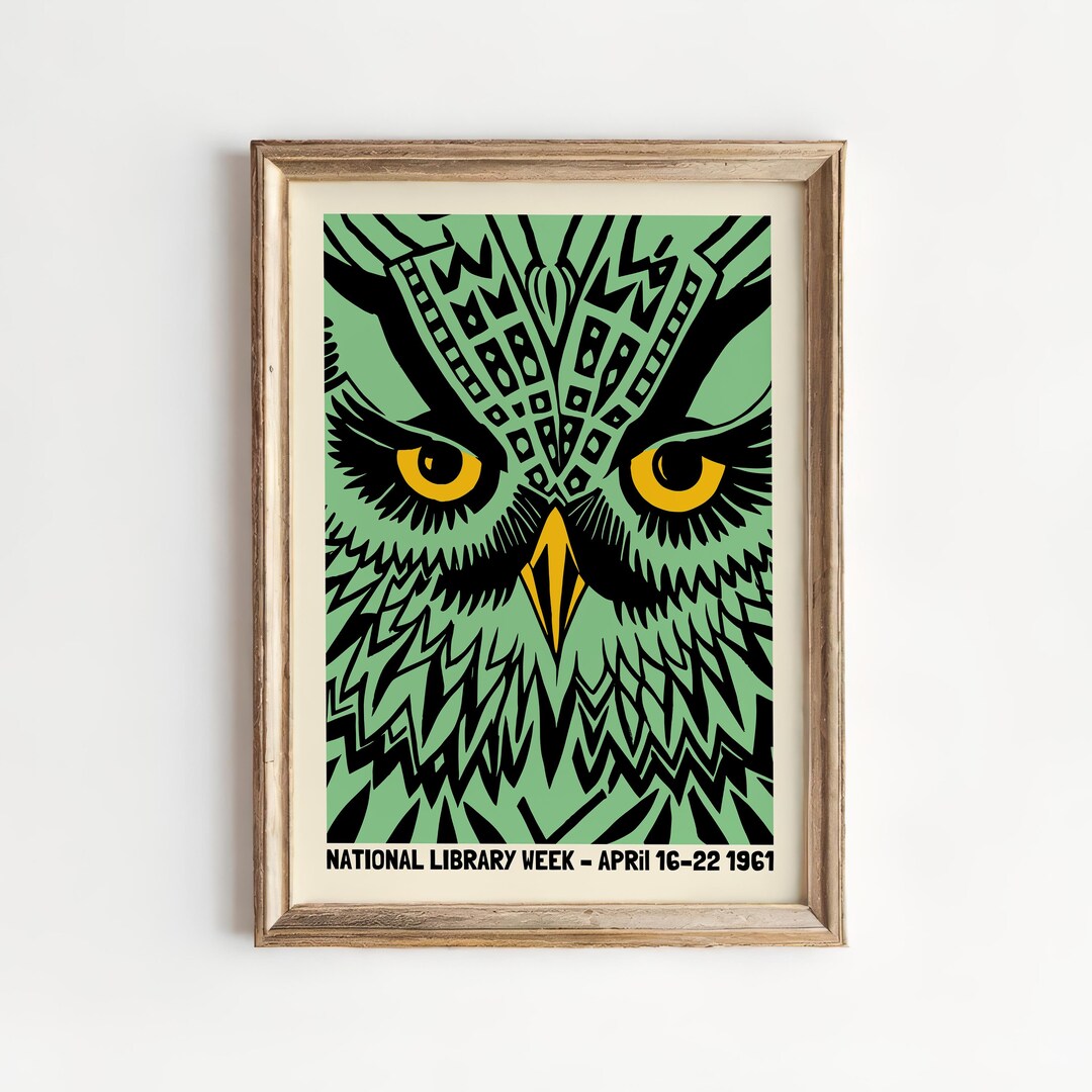 NATIONAL LIBRARY WEEK Poster - Owl Giclee Linocut Art Print Reading ...