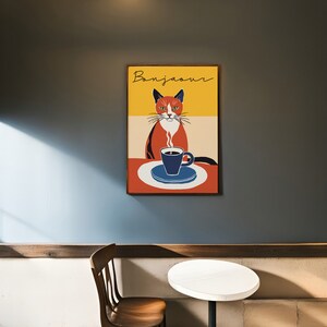 Bonjour Cat Poster Elegant Calico Cat With Coffee Cup Art Print, Modern ...