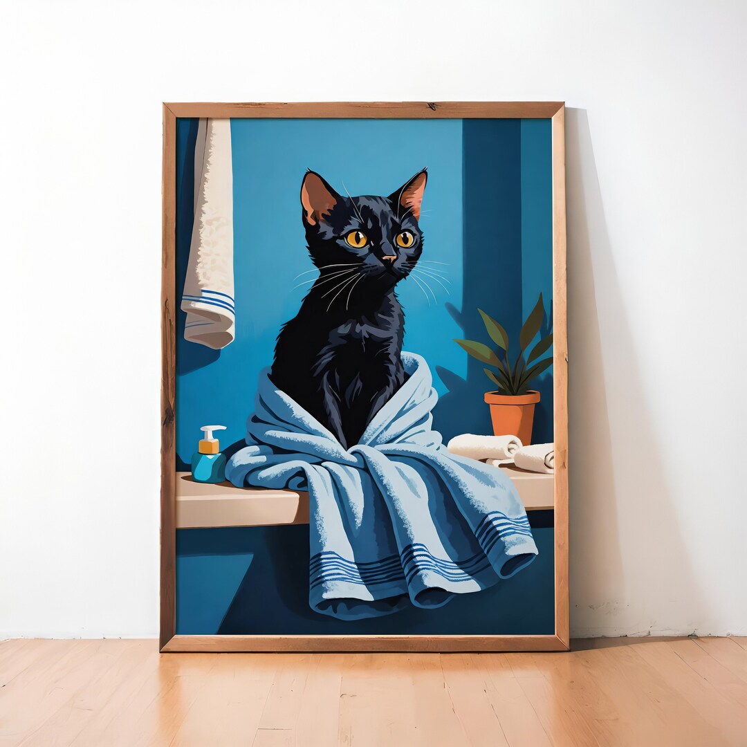 CAT SPA DAY Poster - Adorable Black Cat Wrapped in Cozy Towel After ...