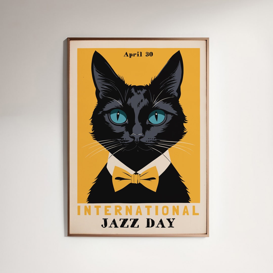 Jazz Day Poster - Elegant Black Cat With Bow Tie Illustration, Vintage ...