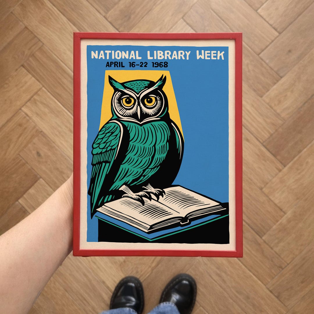 Buy National Library Week Owl Poster, Retro Library Wall Art Print ...