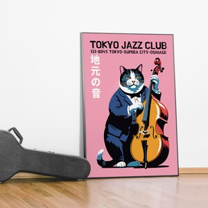 Tokyo Jazz Club Cat Poster - Tuxedo Cat Playing Double Bass - Japanese ...