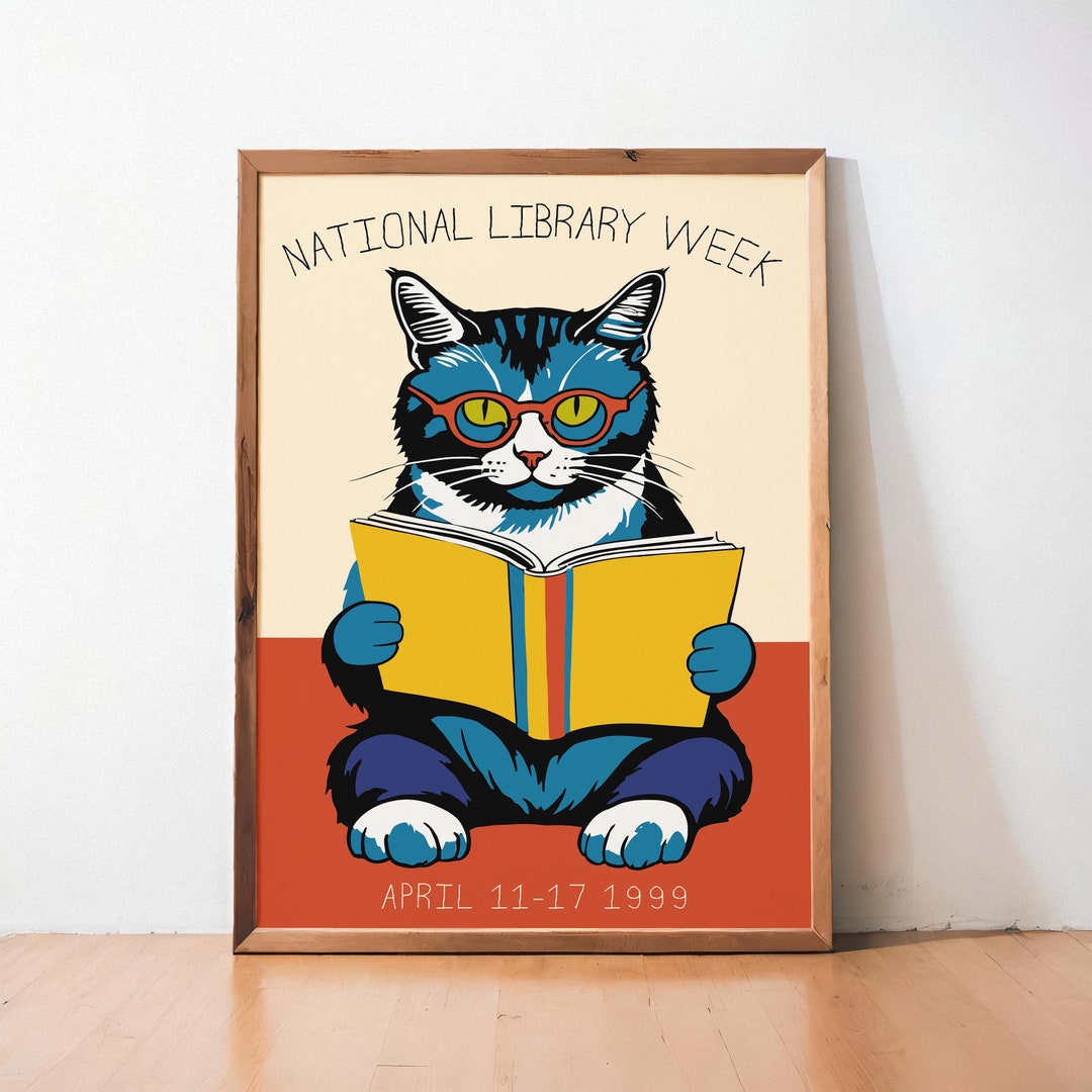 National Library Week 1999 Poster With Reading Cat | Retro Cat Art ...