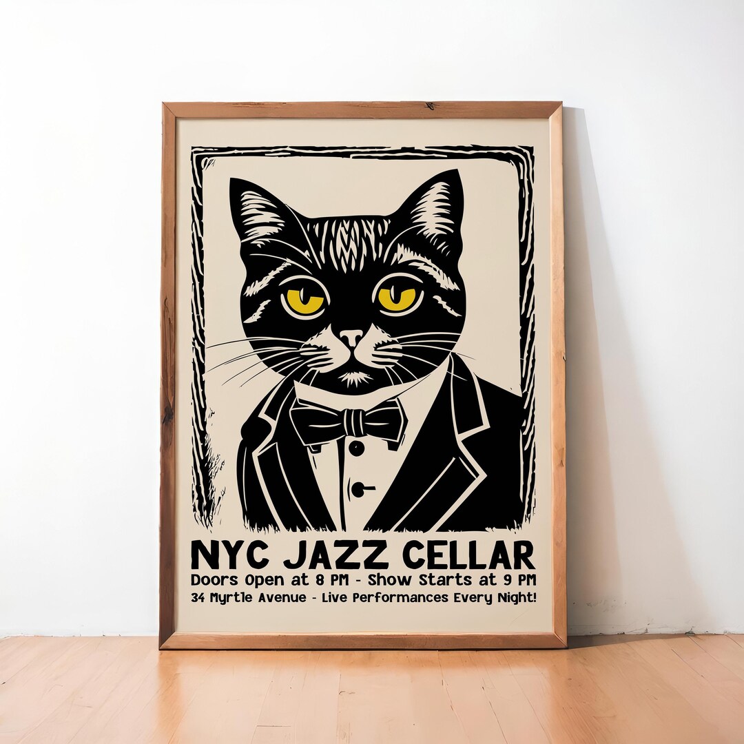 Jazz Cat Poster | NYC Jazz Cellar Wall Art | Black and White Giclee ...