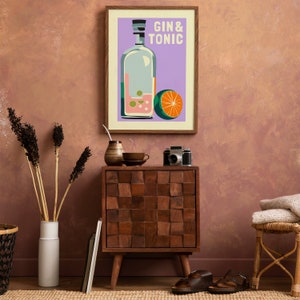 GIN & TONIC Poster Retro Gin Cocktail Illustration, Barware Artwork, Quirky Wall Art Print ...