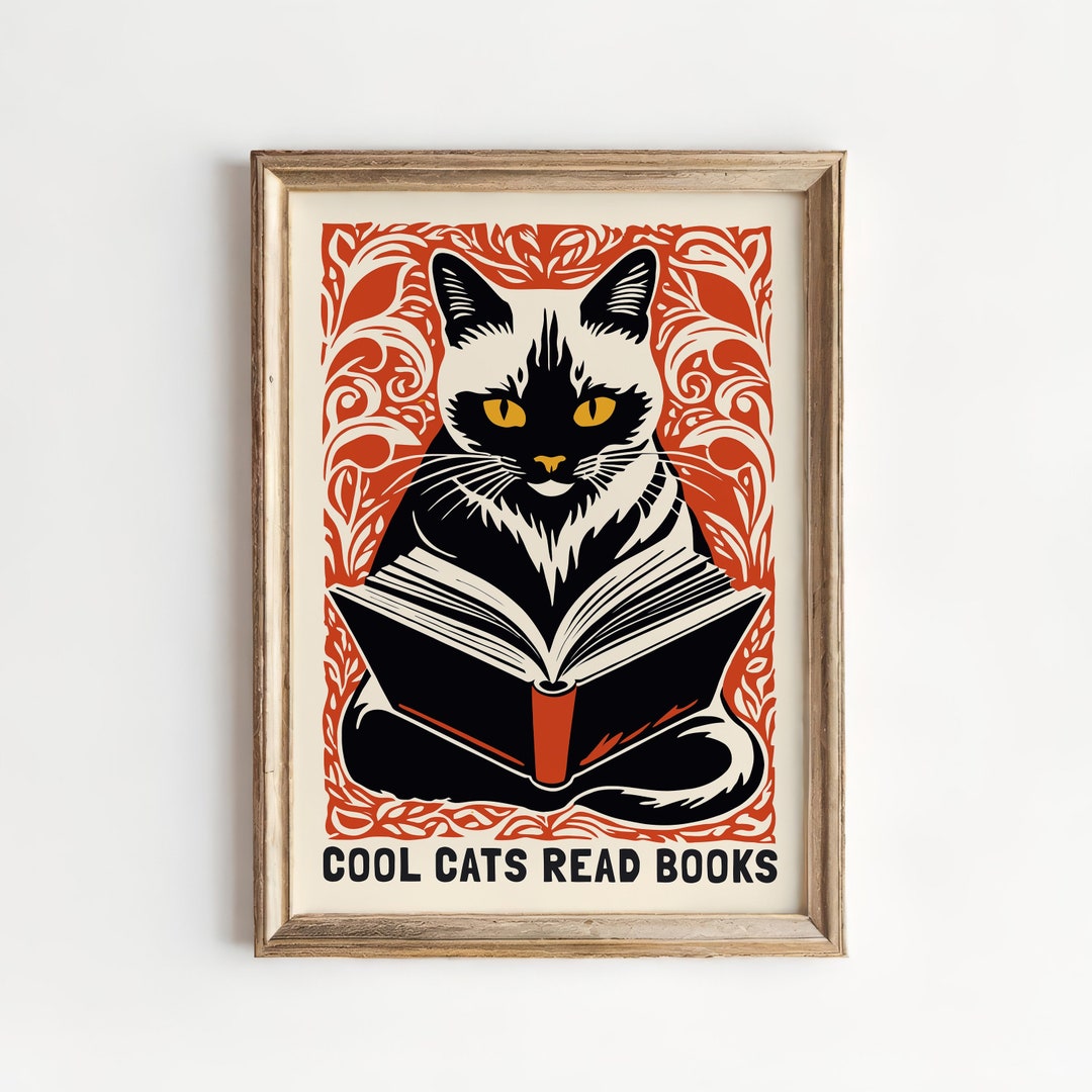 Cool Cats Read Books Poster Library Cat Print Bookworm Wall Art ...