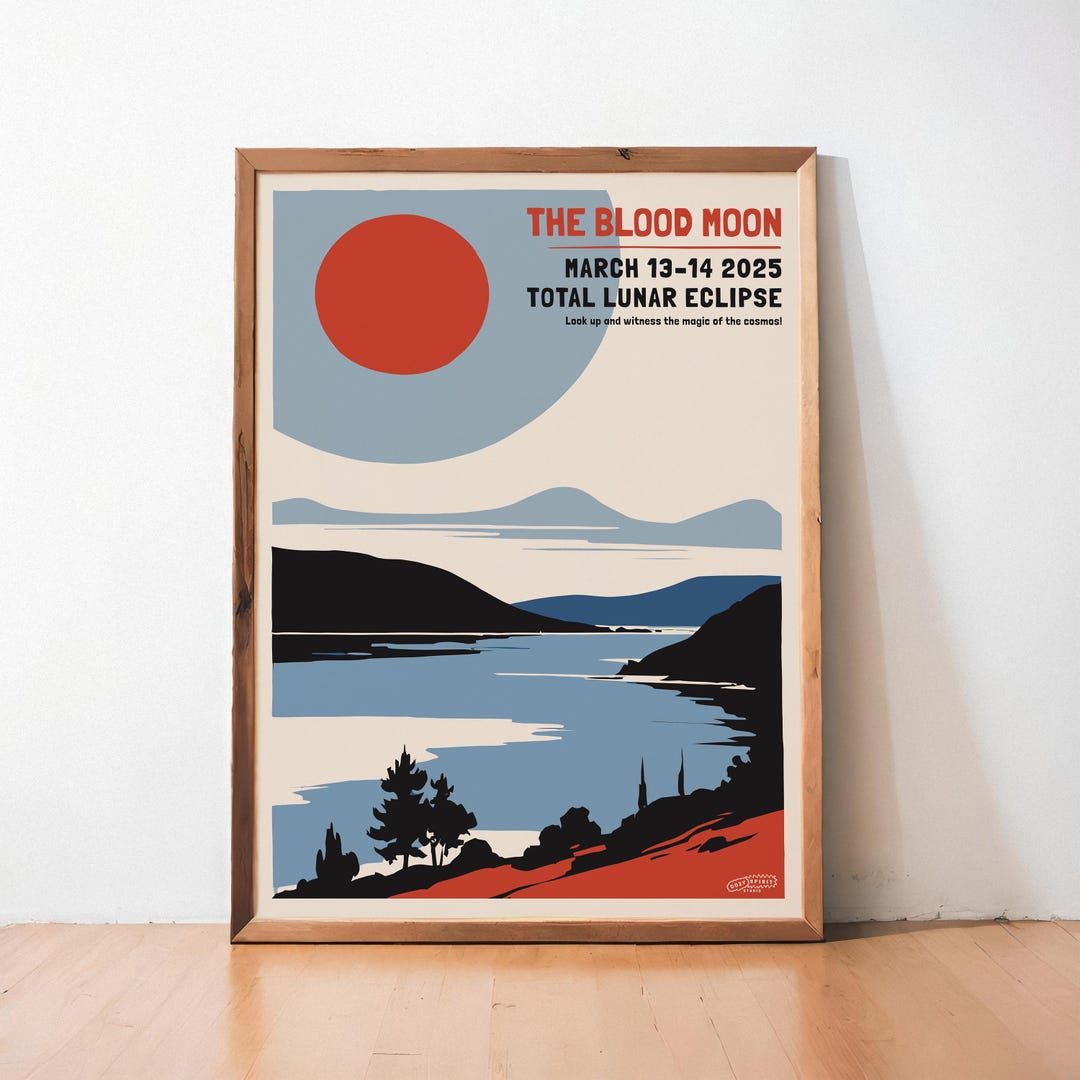 Blood Moon Poster, Total Lunar Eclipse Art Print, 2025, Celestial Wall Art, Retro Astronomy ...