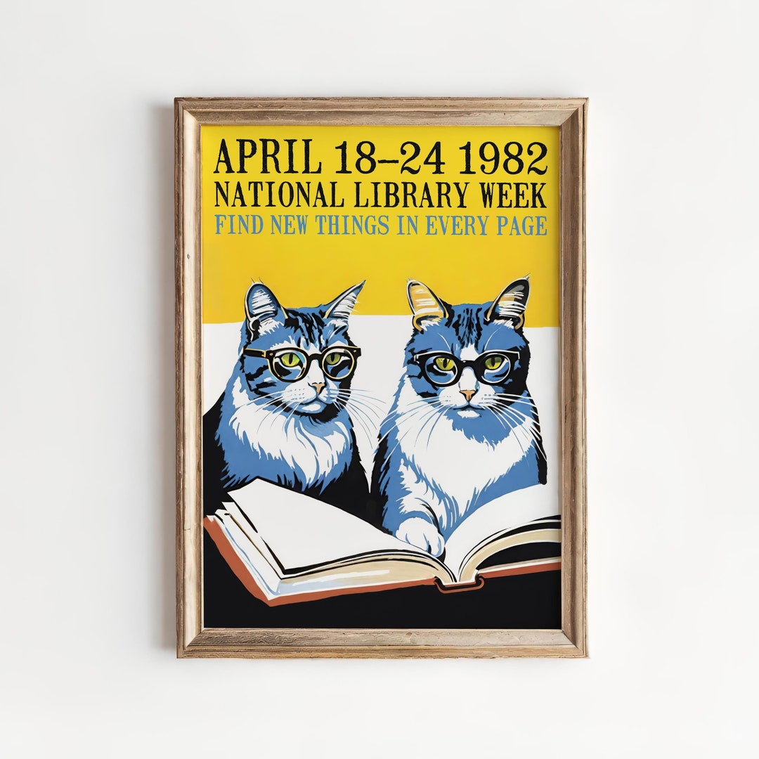 National Library Week 1982 Poster - Retro Cats Reading Book Art Print ...