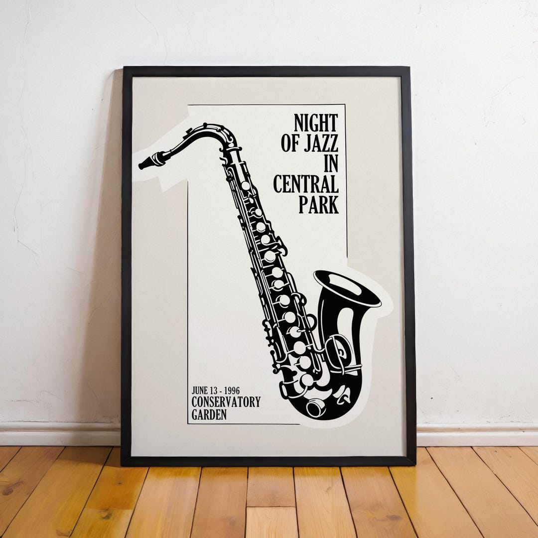 Jazz Night Poster, Central Park Saxophone Art, Retro Music Concert ...