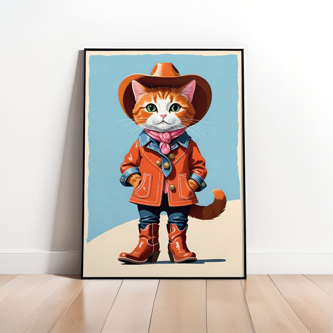 Cowboy Cat Poster Illustrated Western Kitty in Boots and Hat, Vibrant ...