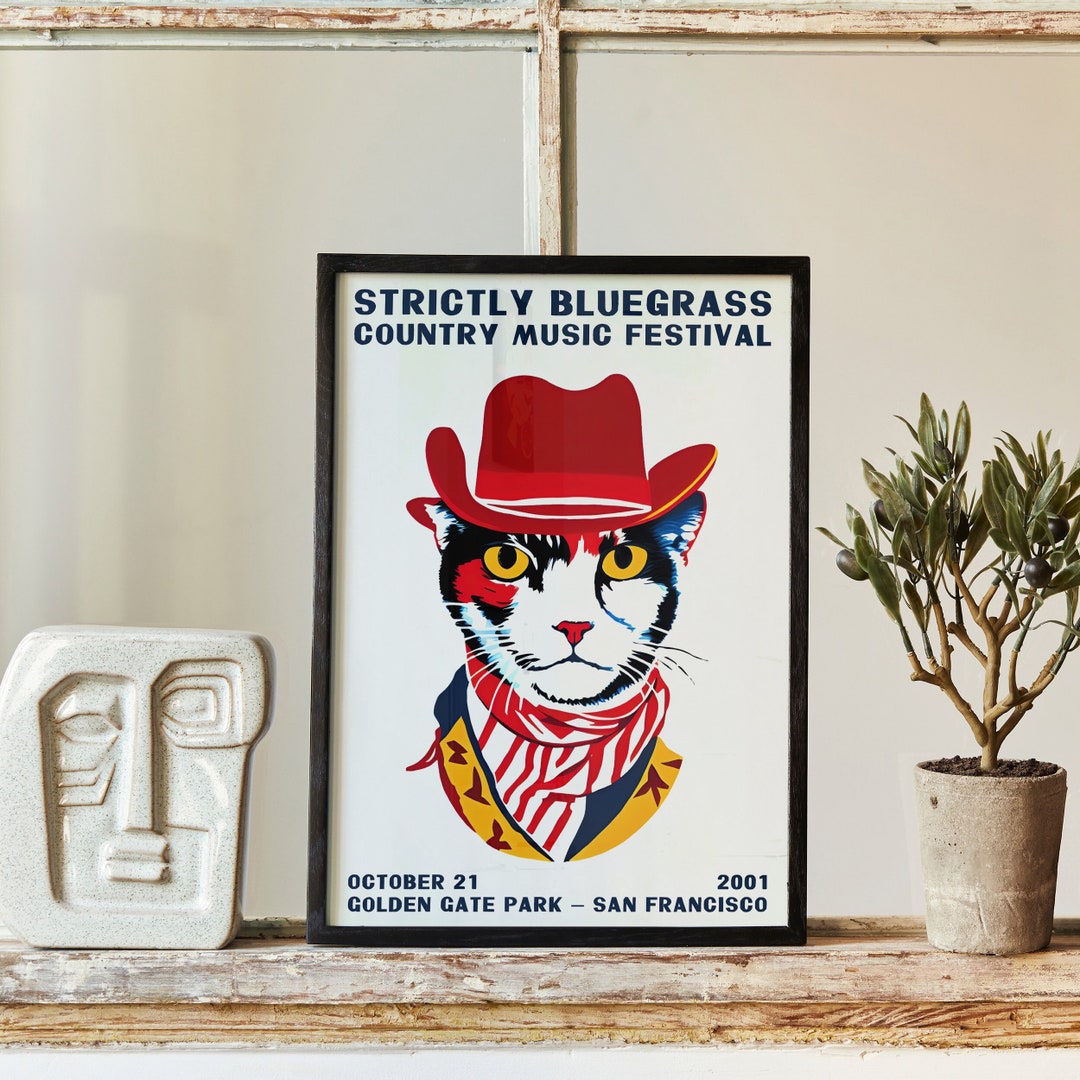 Retro Country Music Festival Cowboy Cat Giclee Poster Musician Wall Art ...