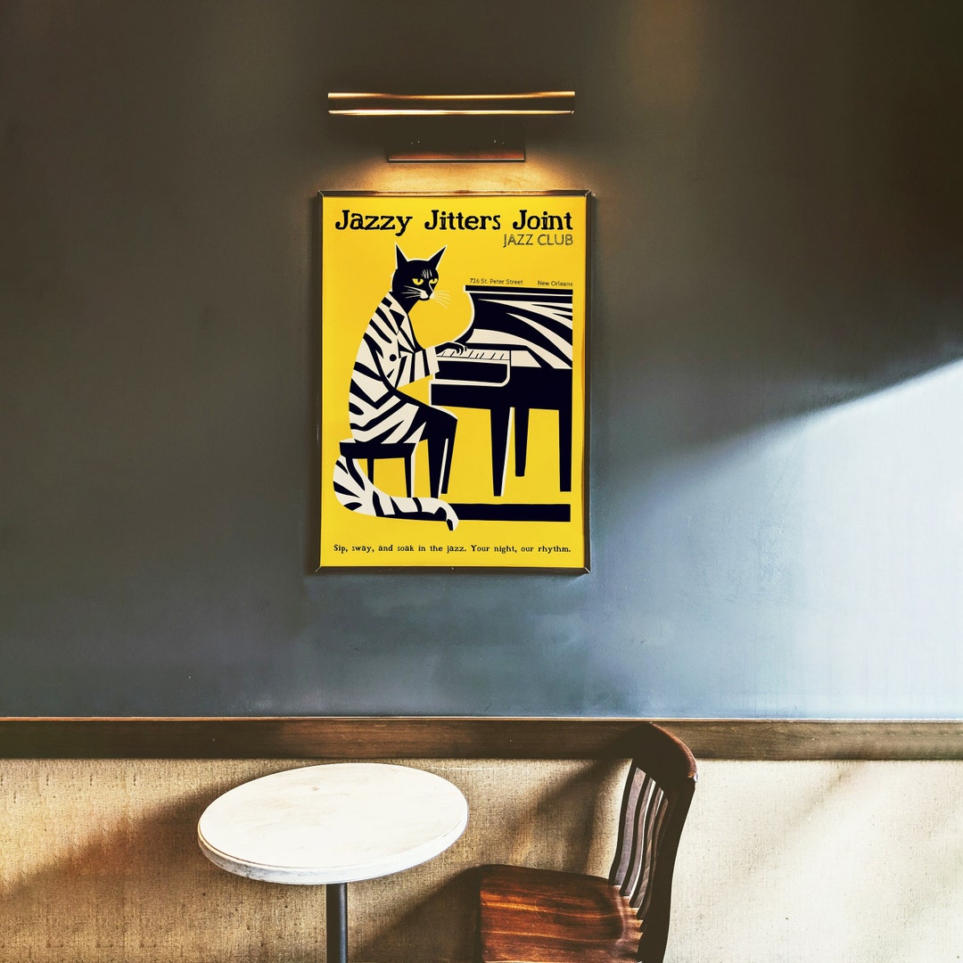 Jazz Club Poster Cat Playing Piano NEW ORLEANS Music Jazzy Jitters ...