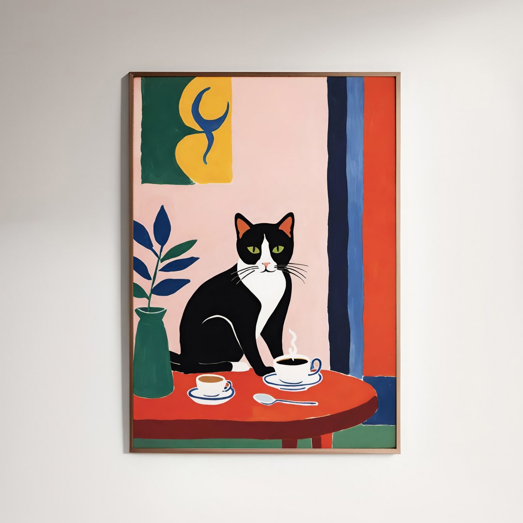 Colorful Modern Art Cat Poster, Whimsical Feline With Coffee Cup ...