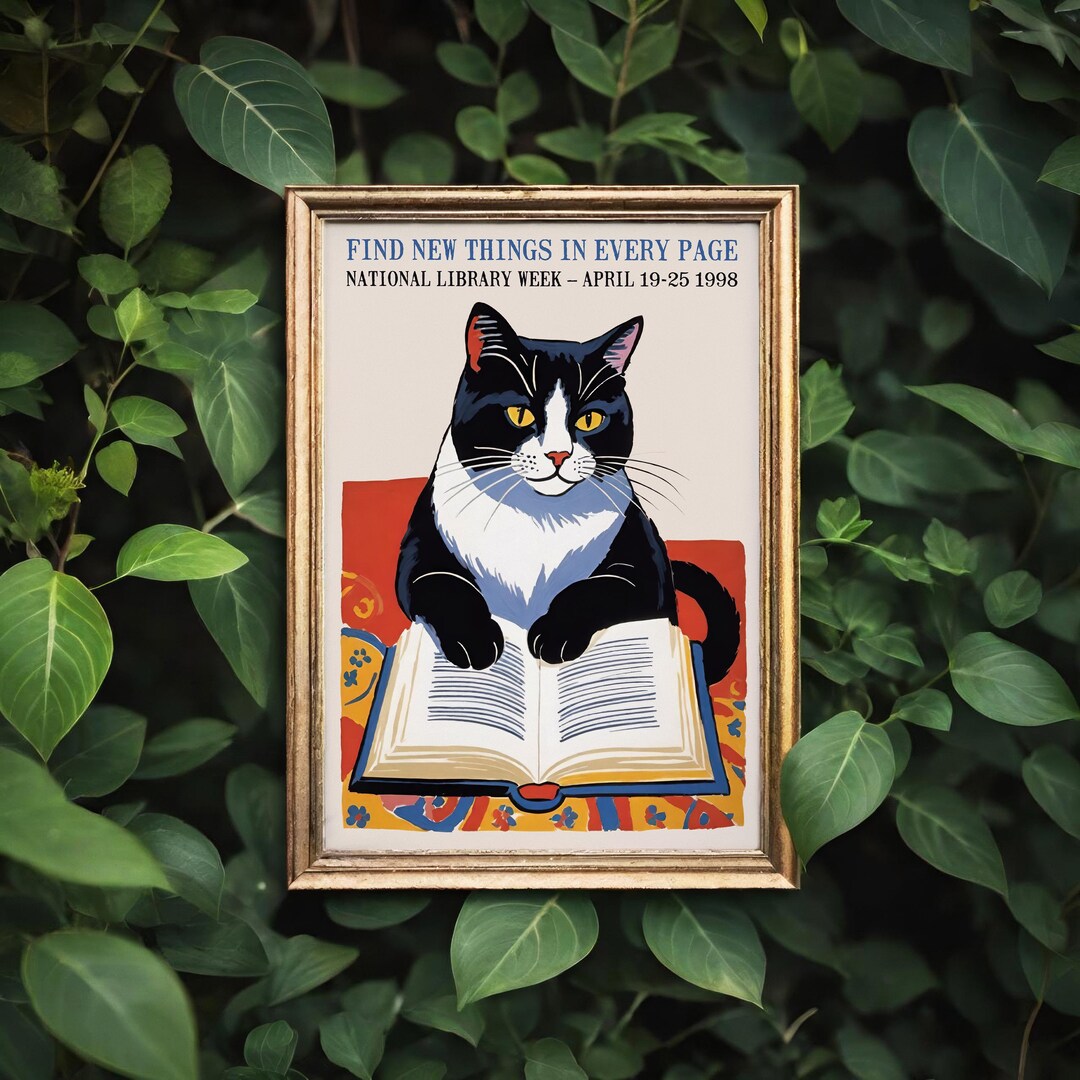 National Library Week Poster - Black and White Cat Reading Book ...