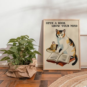 BOOK READING POSTER - Calico Cat - Books Quote Giclee Linocut Art Print ...