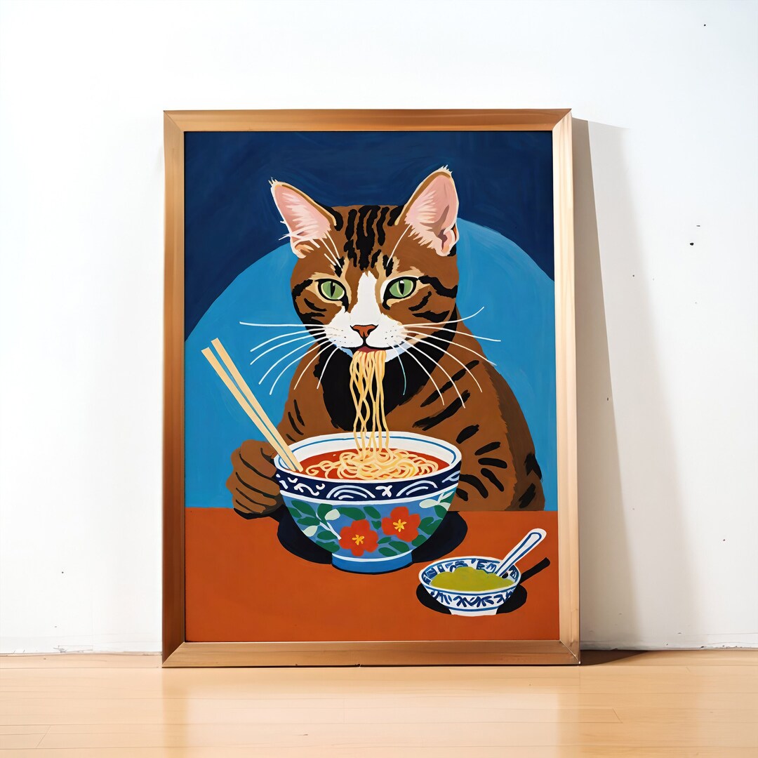 CAT EATING RAMEN Posters - Quirky Noodles Art Print - Cute Foodie Gift ...