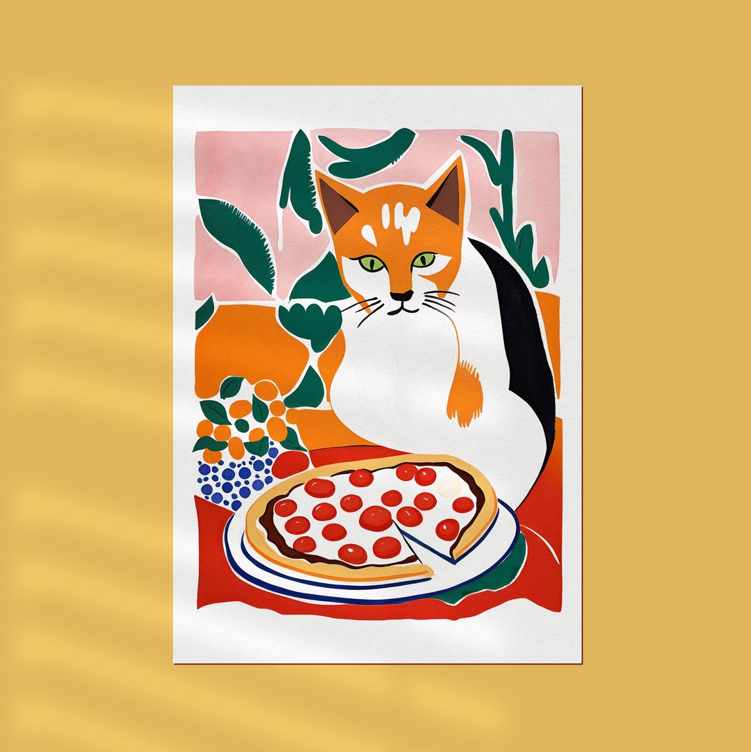 Pizza Cat Funny Poster Cute Kitten Illustration, Cat Lover Gift, Cat ...