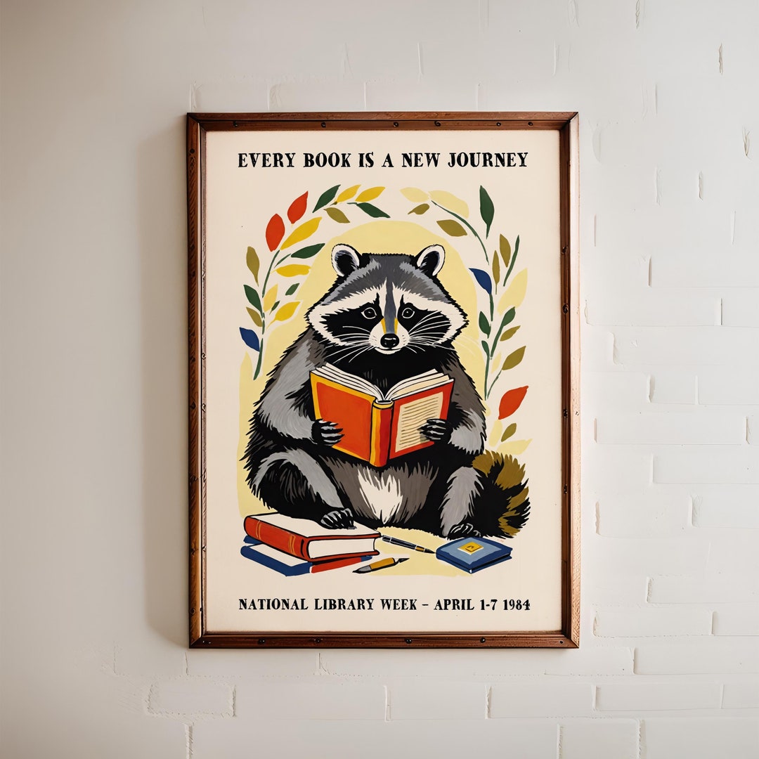 National Library Week Poster 1984 | Retro Raccoon Wall Art | Literary ...
