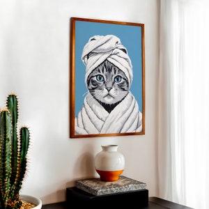 Cozy Cat Spa Day Poster - Charming Tabby Cat in Towel Art Print ...