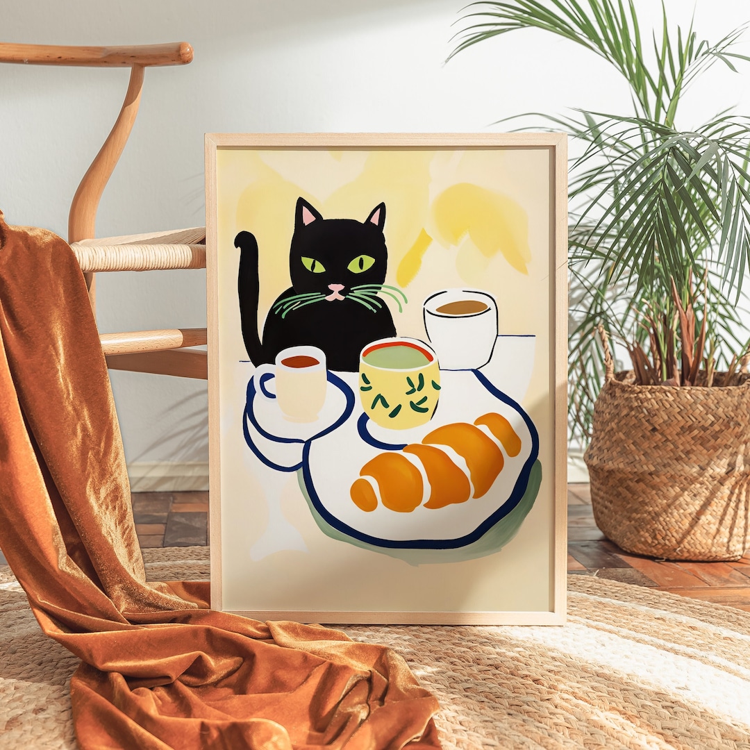 Cute Cat Poster - Croissant and Coffee - French Breakfast Art Print ...