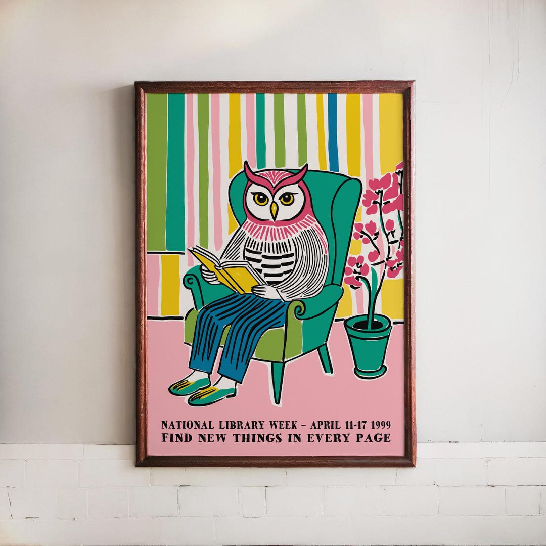 National Library Week 1999 Vintage Owl Art Poster - Retro Reading Decor ...